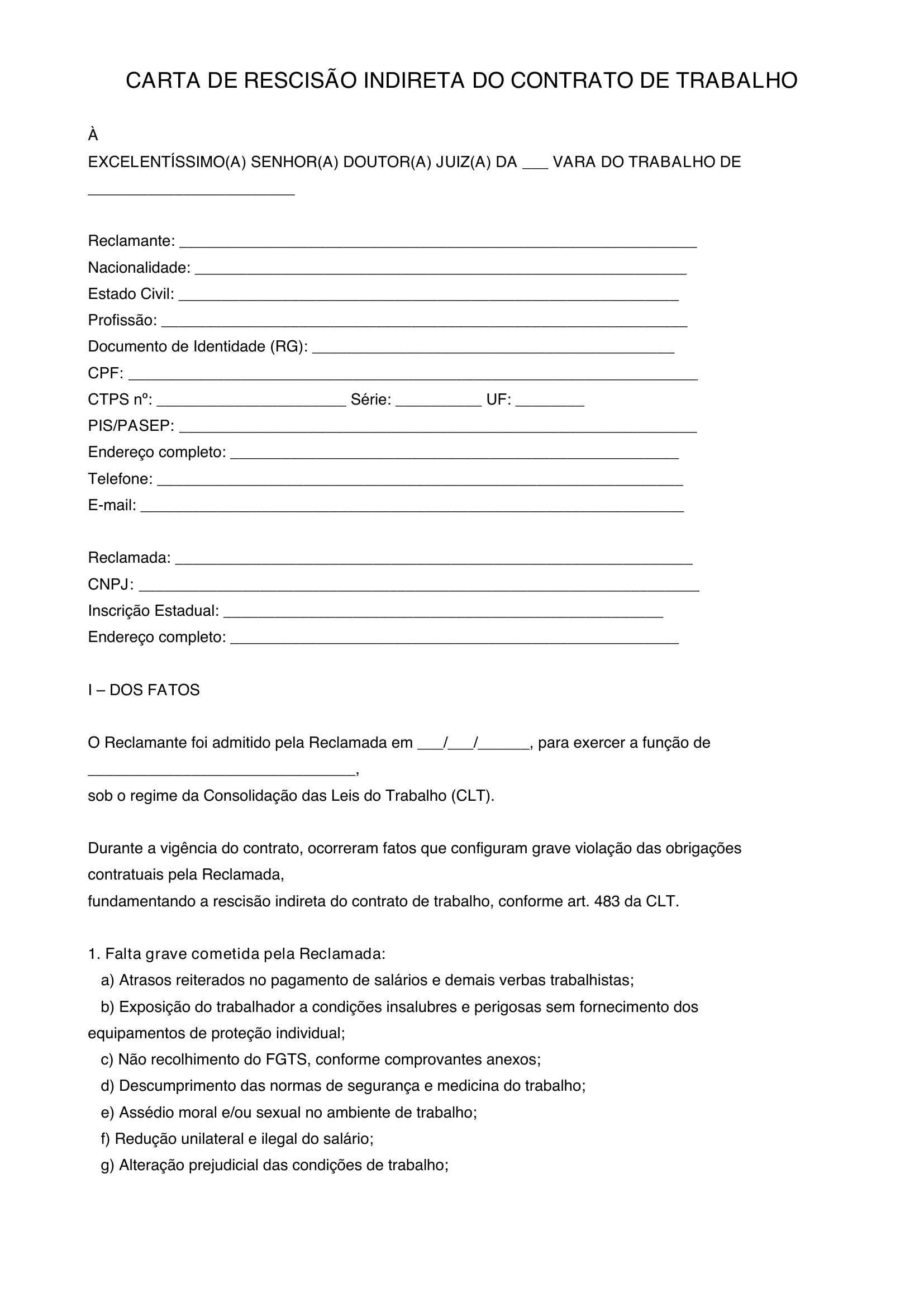 Modelo De Carta De Rescisão Indireta